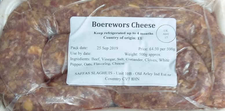 Boerewors Cheese - 500g | Slaghuis | Saffas Braai Shop | Wholesale Meat